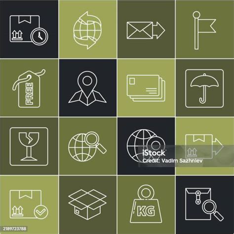 돋보기가 있는 선 봉투 판지 상자 교통 기호 우산 지도 용지에 자리 표시자 가격표 무료 빠른 시간 및 아이콘을 설정합니다 벡터 검색에 대한 스톡 벡터 아트 및 기타 이미지