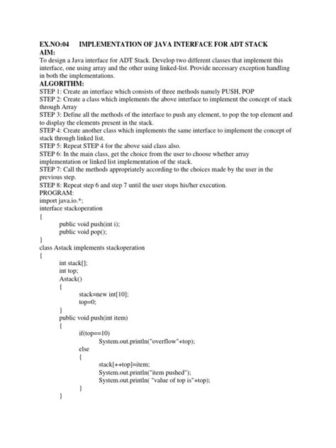 Ex No04 Implementation Of Java Interface For Adt Stack Aim Pdf