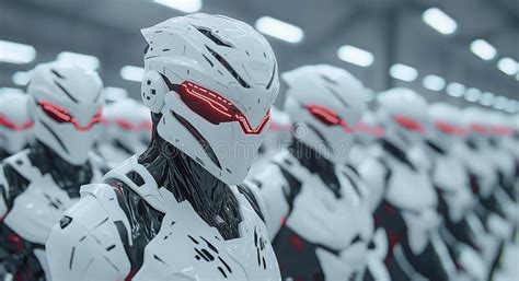 3d Rendering Of Group Of White Humanoid Robots With Glowing Red Eyes Showcasing Advanced