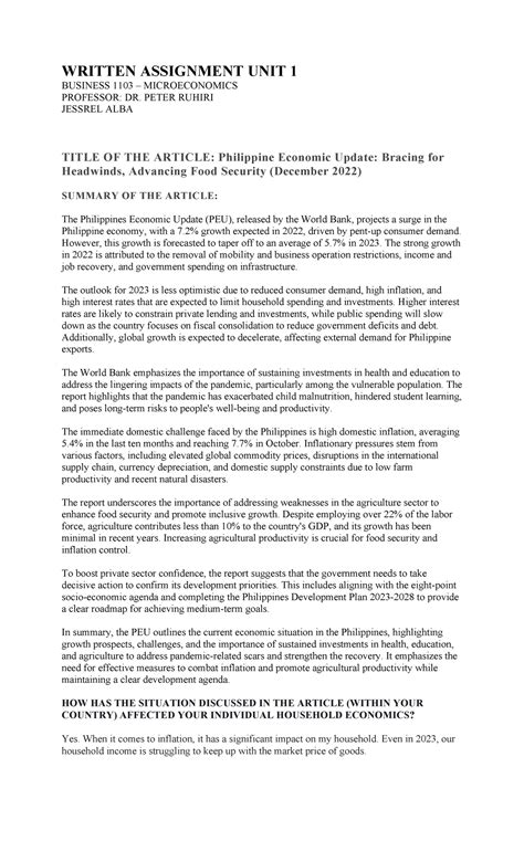 Written Assignment Unit 1 Written Assignment Unit 1 Business 1103 Microeconomics Professor