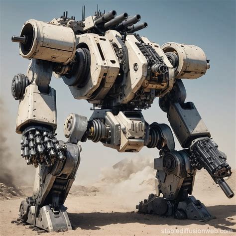 Heavy Mech Holding A Triple Barreled Gatling Machine Gun Prompts