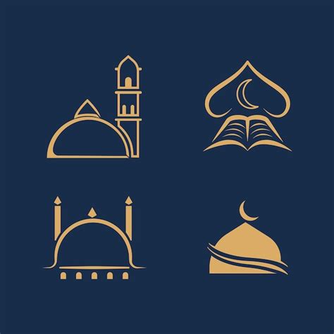 이슬람 모스크 라마단 로고 디자인 템플릿 세트 이슬람 로고 아이콘 프리미엄 벡터
