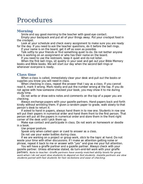 Sample Classroom Procedures The Dock For Learning