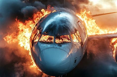 Burning Airplane Crash On The Runway Engulfed In Flames And Smoke Stock