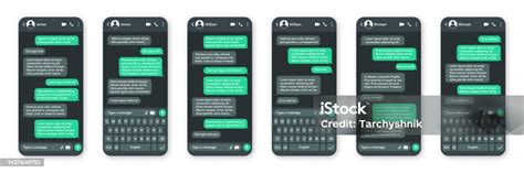 메시징 응용 프로그램과 현실적인 스마트 폰 Sms 텍스트 프레임 녹색 메시지 거품과 자리 표시자 텍스트가 있는 대화 채팅