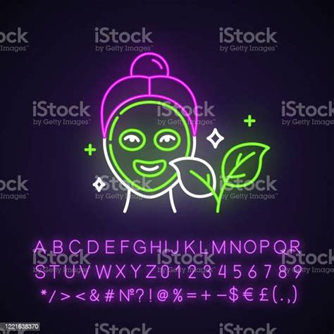 얼굴 마스크 네온 빛 아이콘입니다 스킨케어 루틴 식물 기반 미용 제품 얼굴 트리트먼트 하이드레이팅 유기 화장품 알파벳 숫자 및 기호와 빛나는 기호 벡터 절연 그림 0명에