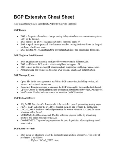 Bgp Extensive Cheat Sheet Pdf Routing Network Layer Protocols