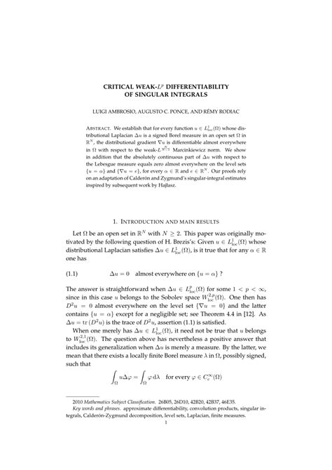 Pdf Critical Weak Lp Differentiability Of Singular Integrals