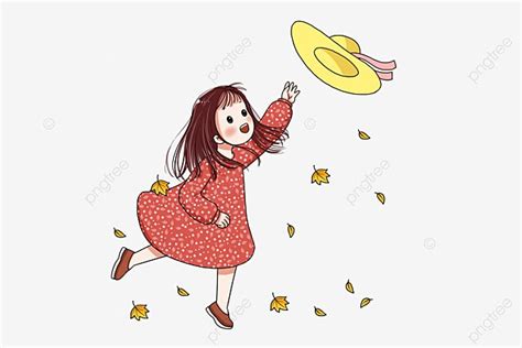 바람에 날아간 모자를 쓴 소녀 일러스트 나뭇잎 가을 가을날 가을 춘분 Png 일러스트 및 Psd 이미지 무료 다운로드 Pngtree
