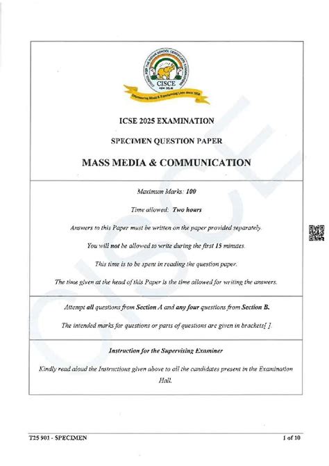 Icse Mass Media Communication Specimen Paper 2025 Pdf Cisce Class 10 Mass Media Communication