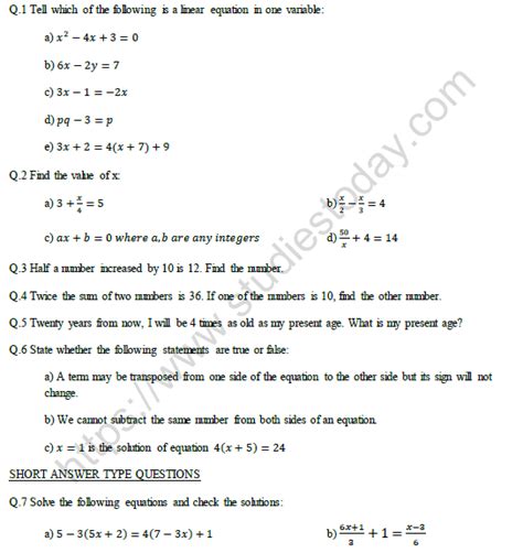 Class 8 Linear Equations In One Variance Worksheet Set A