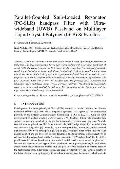 Pdf Parallel Coupled Stub Loaded Resonator Bandpass Filter With Ultra Wideband Passband On