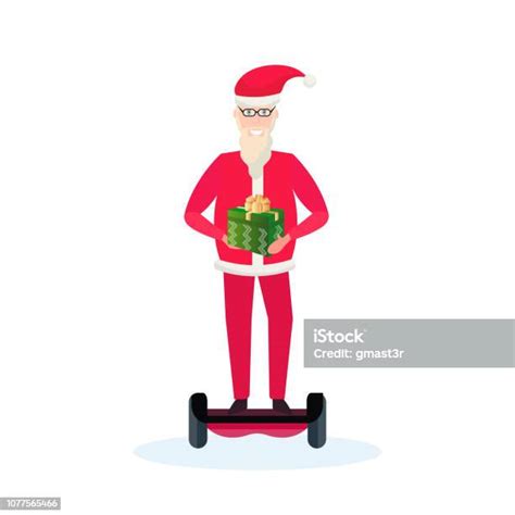 산타 클로스 타고 전기 스쿠터 잡고 선물 상자 새 해 메리 크리스마스 개념 남성 만화 캐릭터 전체 길이 절연 12월에 대한 스톡 벡터 아트 및 기타 이미지 Istock