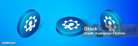 파란색 배경에 격리 된 기어 아이콘이있는 등색 인간 인공 지능 생각 뇌 기호 뇌의 상징 작업 파란색 원 버튼입니다 벡터 3차원 형태에 대한 스톡 벡터 아트 및 기타 이미지