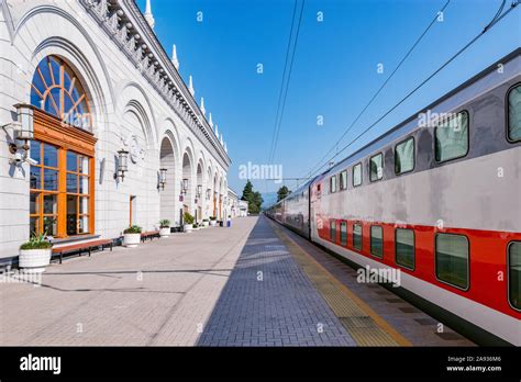 Passenger Double Deck Train Is Ready To Depart From The Main Railway Station Sochi Russia