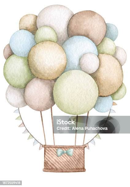 파스텔 색상의 바구니가 있는 공기 풍선 어린이 수채화 그림입니다 생일 베이비 샤워 어린이 파티 카드 포스터 배너 로고 초대장 포장을 위한 디자인 요소 선물에 대한 스톡 벡터