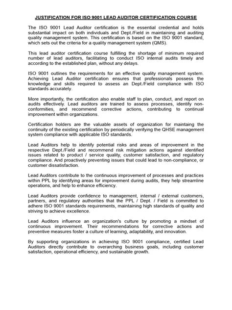 Justification For Iso 9001 Lead Auditr Certification Pdf Audit