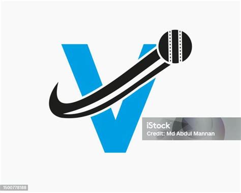 첫 글자 V 크리켓 기호 개념은 크리켓 클럽 기호를 위한 움직이는 공 아이콘이 있습니다 크리켓 선수 사인 Championship에 대한 스톡 벡터 아트 및 기타 이미지