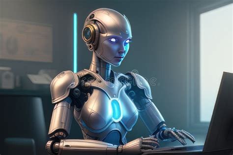 Ai At Work Futuristic Robot Woman Cyberwoman Typing In Neon Lit Room