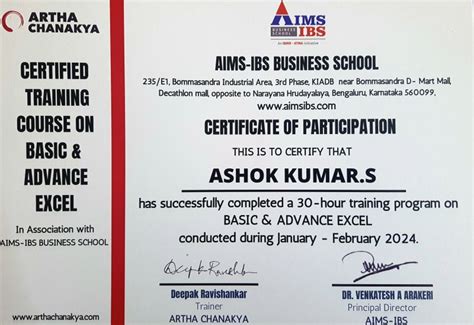Completed Excel Course At Aims Ibs Ashok Kumar S Posted On The Topic