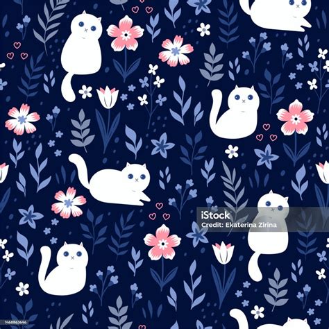 귀여운 흰 고양이와 꽃으로 완벽 한 패턴입니다 벡터 그래픽입니다 가축에 대한 스톡 벡터 아트 및 기타 이미지 가축 고양이