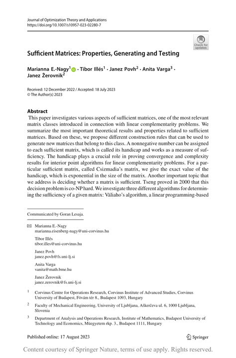 Pdf Sufficient Matrices Properties Generating And Testing