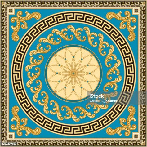 베이지색과 검은색 배경에 벡터 숄 프린트 골드 체인 그리스 어 멜로디 바로크 두루마리 청록색 보석에서 유행 패턴 반다나 카펫 매트용 브러쉬 팔레트에 7가지 패턴 브러시 고대