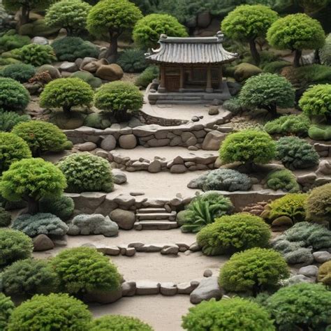 A Garden With A Small Building And A Small Garden With A Small Stone