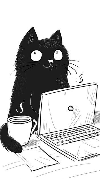 Drawing Of A Black Cat Typing On A Laptop With Coffee Premium Ai Generated Image