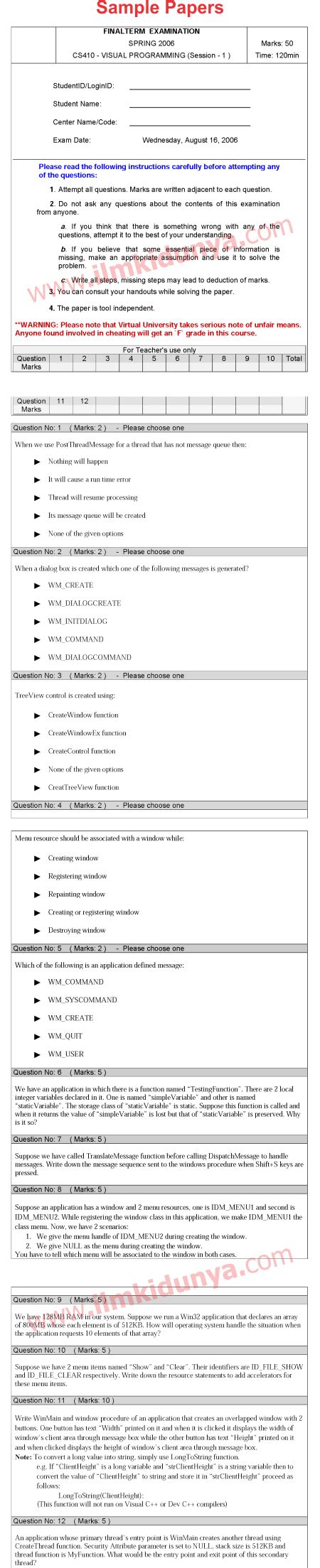 CS410 Visual Programming Master Of Information Technology VU University