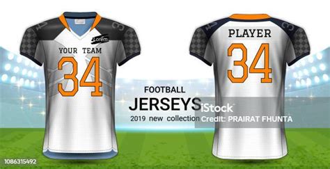 미식 축구 또는 축구 유니폼 유니폼 현실적인 그래픽 디자인 프레 젠 테이 션 이랑 서식 파일 아트 워크 텍스트 이미지 로고 적용을 쉽게 가능성에 대 한 전면 및 후면 보기