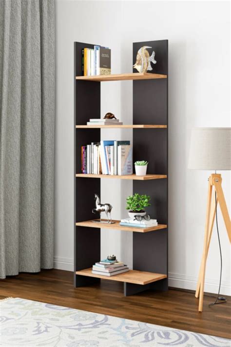 წიგნების თარო ხის ფაქტურით შავი 176 X 60 X 29 სმ Veli Store