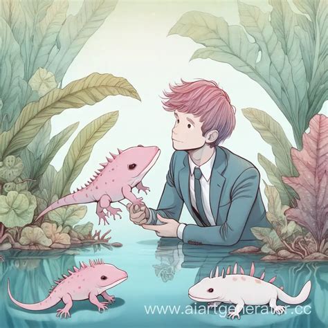 Man Bonding With Adorable Axolotl Companion AI Art Generator