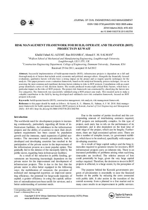 Pdf Risk Management Framework For Build Operate And Transfer Bot