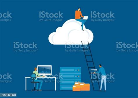 플랫 벡터 비즈니스 기술 스토리지 클라우드 컴퓨팅 서비스 개념 개발자 팀 작업 및 클라우드에서 작업 하는 사람 감시에 대한 스톡