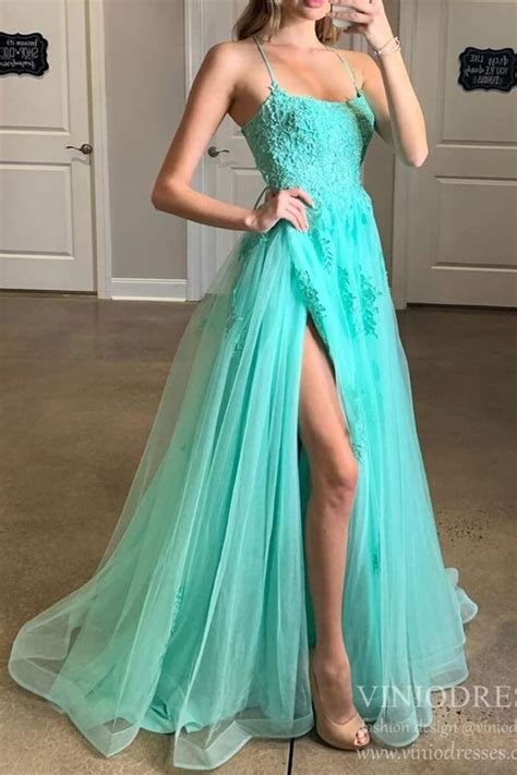 Crisscross Spaghetti Strap Lace Appliqued Prom Dresses Turquoise Prom