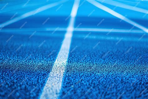 Premium Photo Blue Running Track With White Lines Blurred Lights