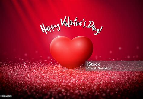 분홍색 반짝이와 반짝이는 광선과 글자로 배경에 빨간 하트가있는 발렌타인 데이 카드 2월에 대한 스톡 벡터 아트 및 기타 이미지