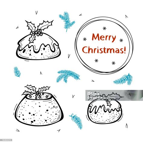 홀리 잎과 딸기 크리스마스 트리 가지 눈송이와 손으로 그린 낙서 크리스마스 푸딩 와 겨울 휴가 벡터 세트 과자 및 새해 인사말 카드 디자인 크리스마스 푸딩에 대한 스톡 벡터