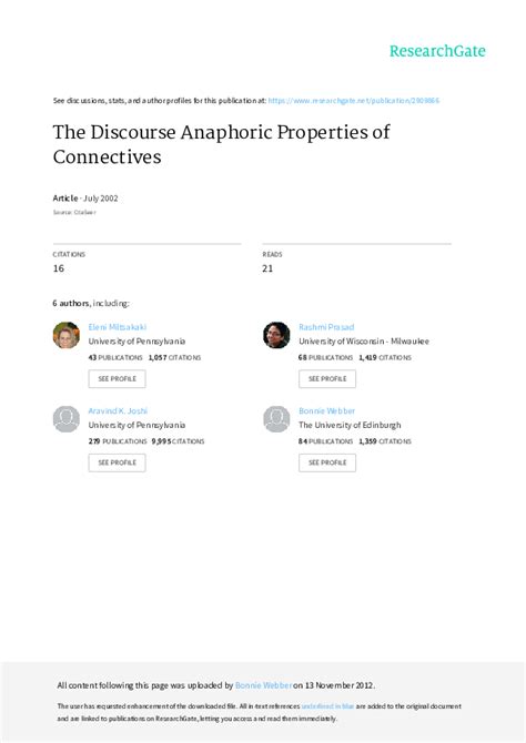 Pdf The Discourse Anaphoric Properties Of Connectives