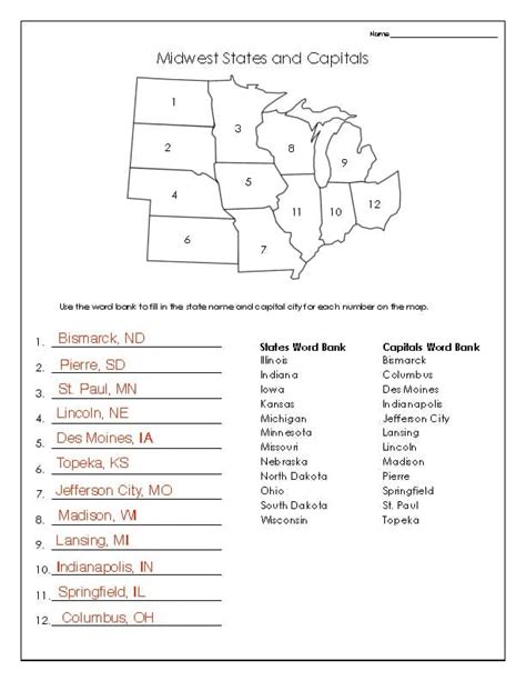 Midwest Region States And Capitals Assessment By Hartlow Teaching