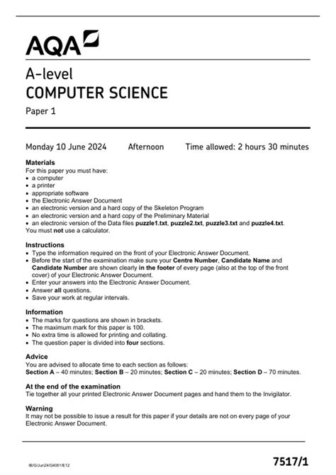 Aqa A Level Computer Science Paper 1 2024 All Questions Paper 1