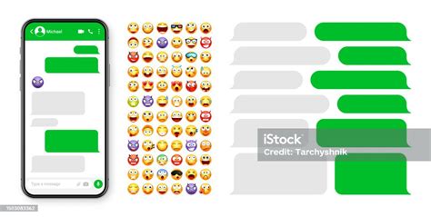 스마트폰 메시징 앱 이모티콘이 있는 사용자 인터페이스 디자인 Sms 텍스트 프레임입니다 녹색 메시지 풍선이 있는 채팅 화면