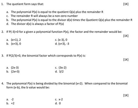 Solved 1 The Quotient Form Says That [1k] A The