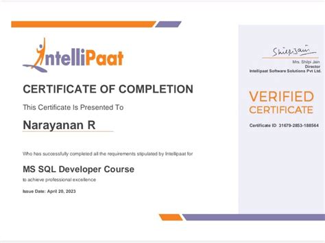 Narayanan R On Linkedin Sql Course Completion Certificate Part Of Ai And Data Science Course From