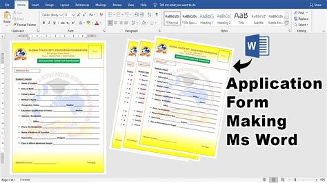 Design Form Using Ms Word Application Form Admission Form Making Ms Word Youtube