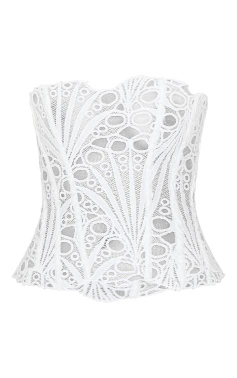 White Textured Sheer Floral Lace Corset Tops Plt