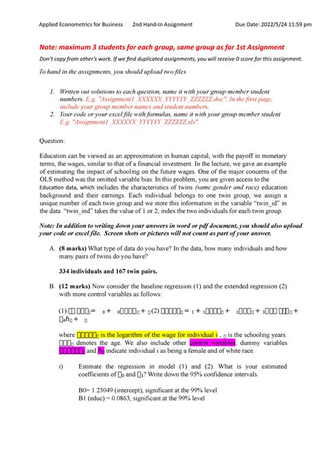 Assignment 2 Applied Econometrics For Business Applied Econometrics