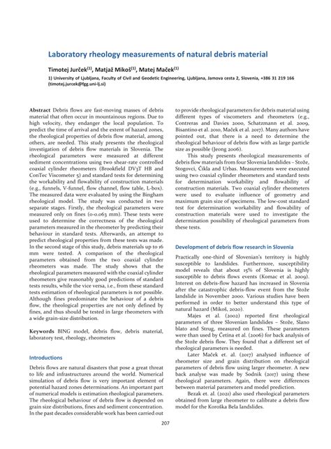 Pdf Laboratory Rheology Measurements Of Natural Debris Material