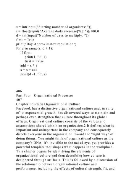 s int input starting number of organisms i float input docx
